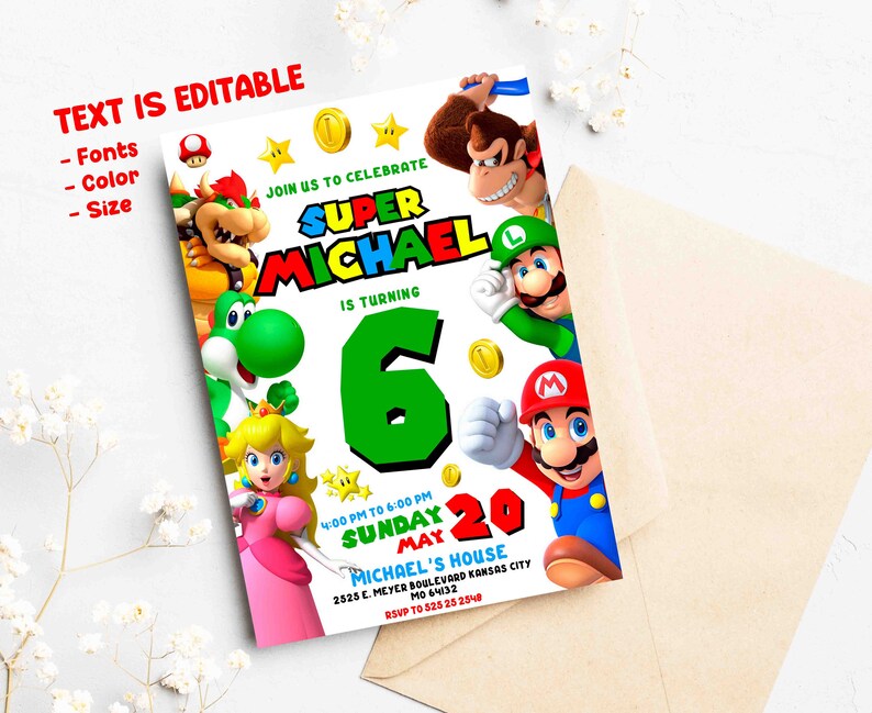 Super Mario Birthday Invitation Canva Template Mobile Size - Etsy