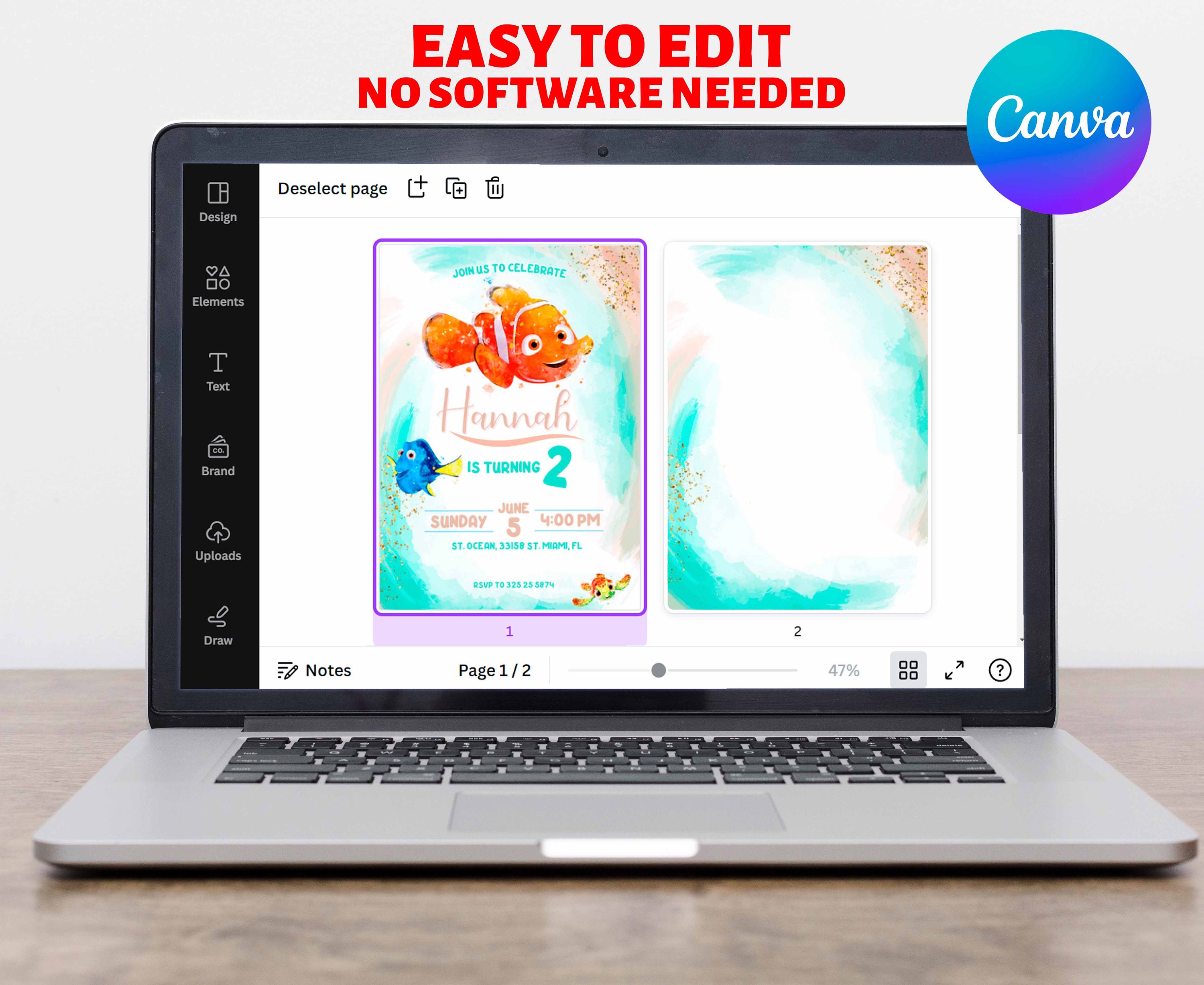 Watercolor Finding Nemo Birthday Invitation Canva Template - Etsy