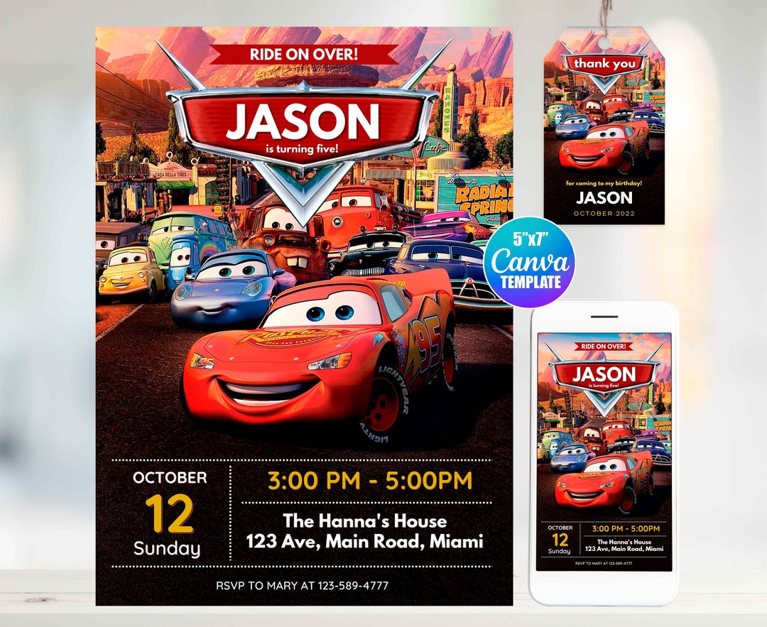 Editable Cars Birthday Invitation, Canva Template, Mobile Size, Label ...