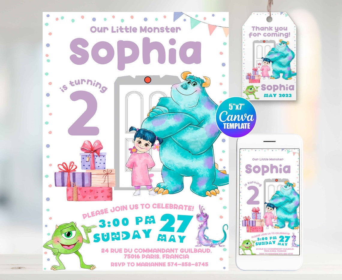 Editable Monsters Inc Boo Birthday Invitation Canva Template - Etsy