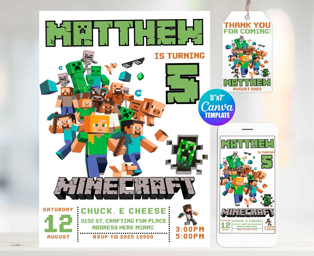 Editable Minecraft Birthday Invitation, Canva Template, Mobile Size ...
