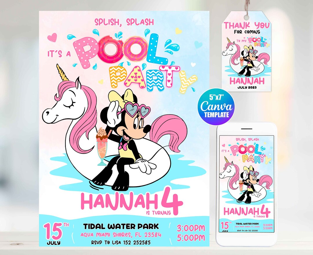 Minnie Mouse Pool Party Invitation: Editable Canva Template (digital ...
