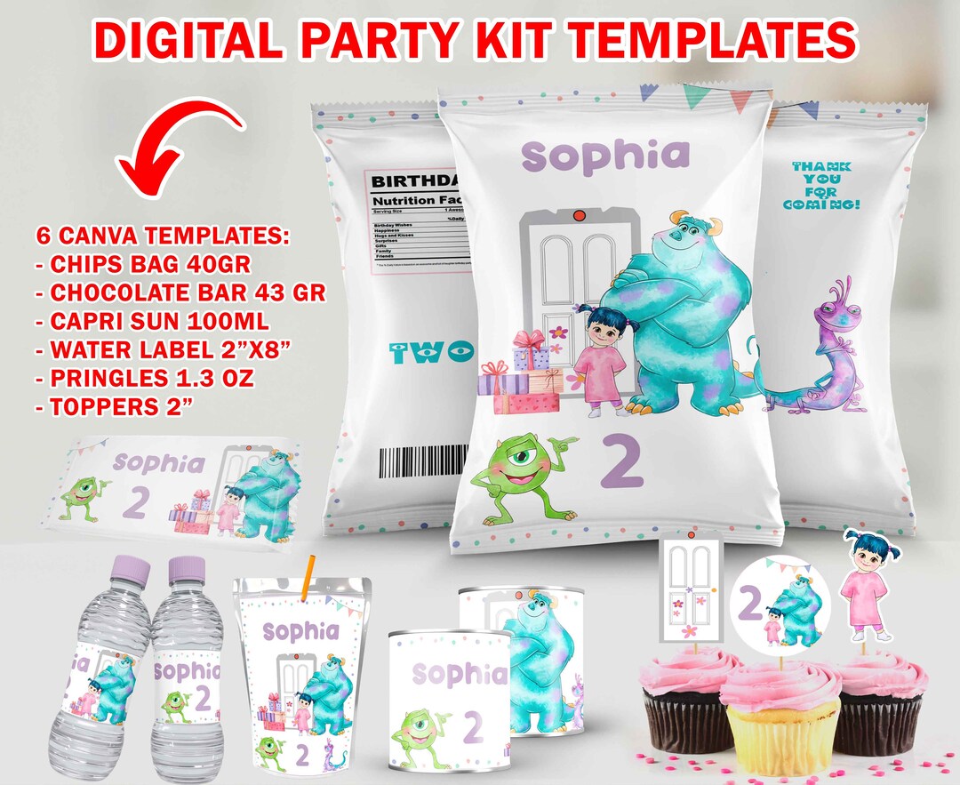 Watercolor Monsters INC Party Kit: Chips Bag, Banner, Toppers (digital ...
