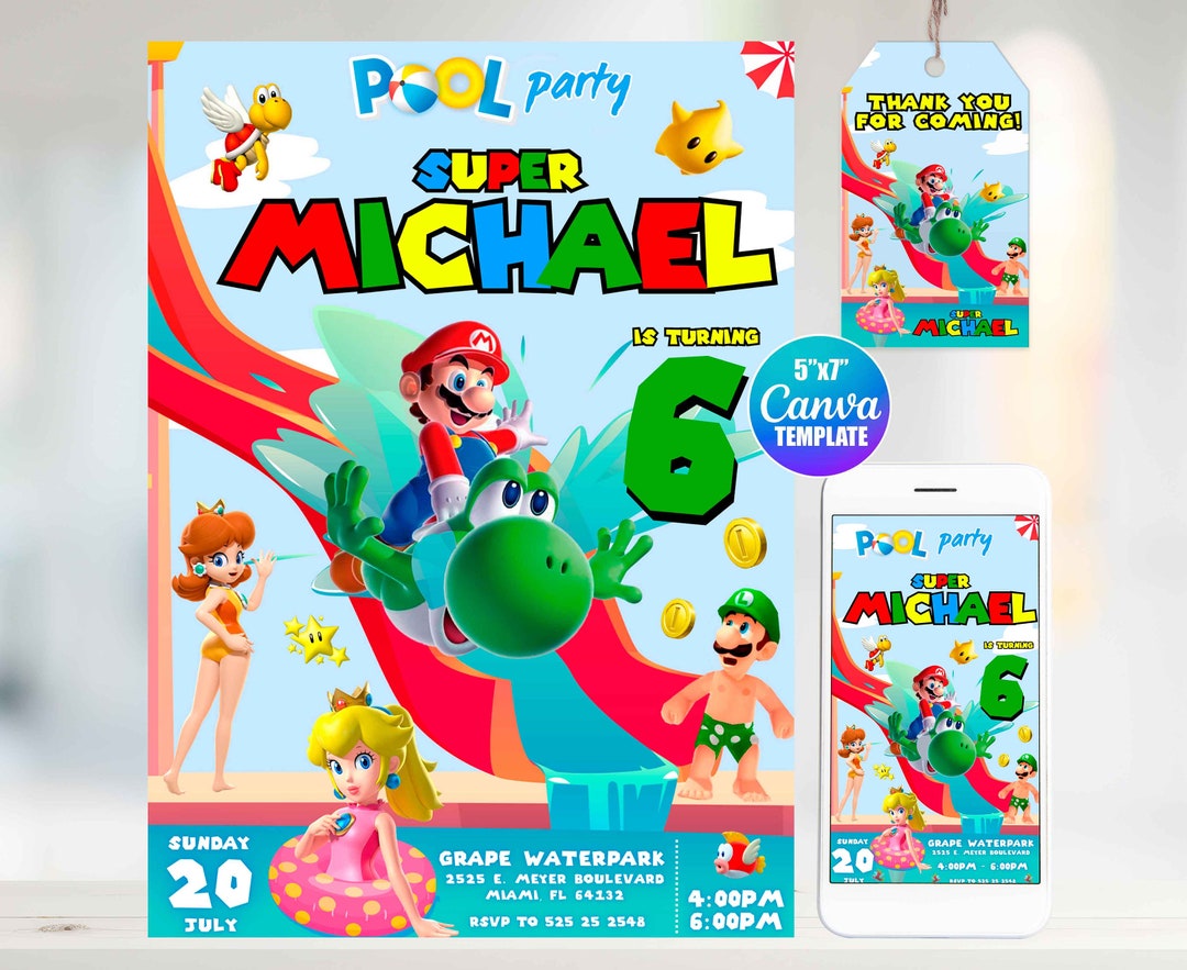 Super Mario Pool Party Birthday Invitation, Canva Template, Mobile Size ...
