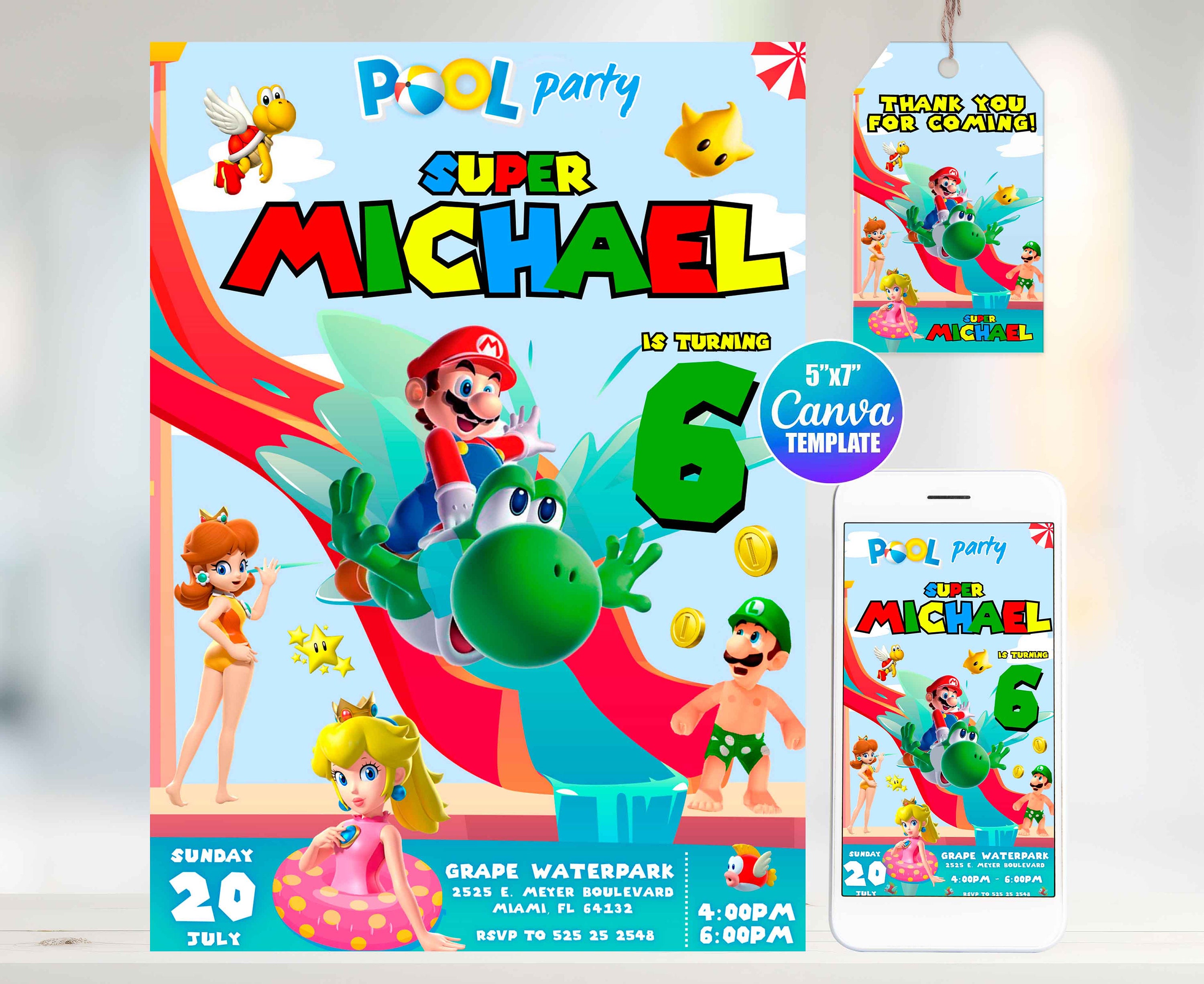 Super Mario Pool Party Birthday Invitation, Canva Template, Mobile Size ...