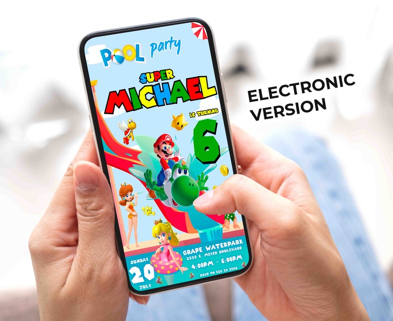 Super Mario Pool Party Birthday Invitation, Canva Template, Mobile Size ...