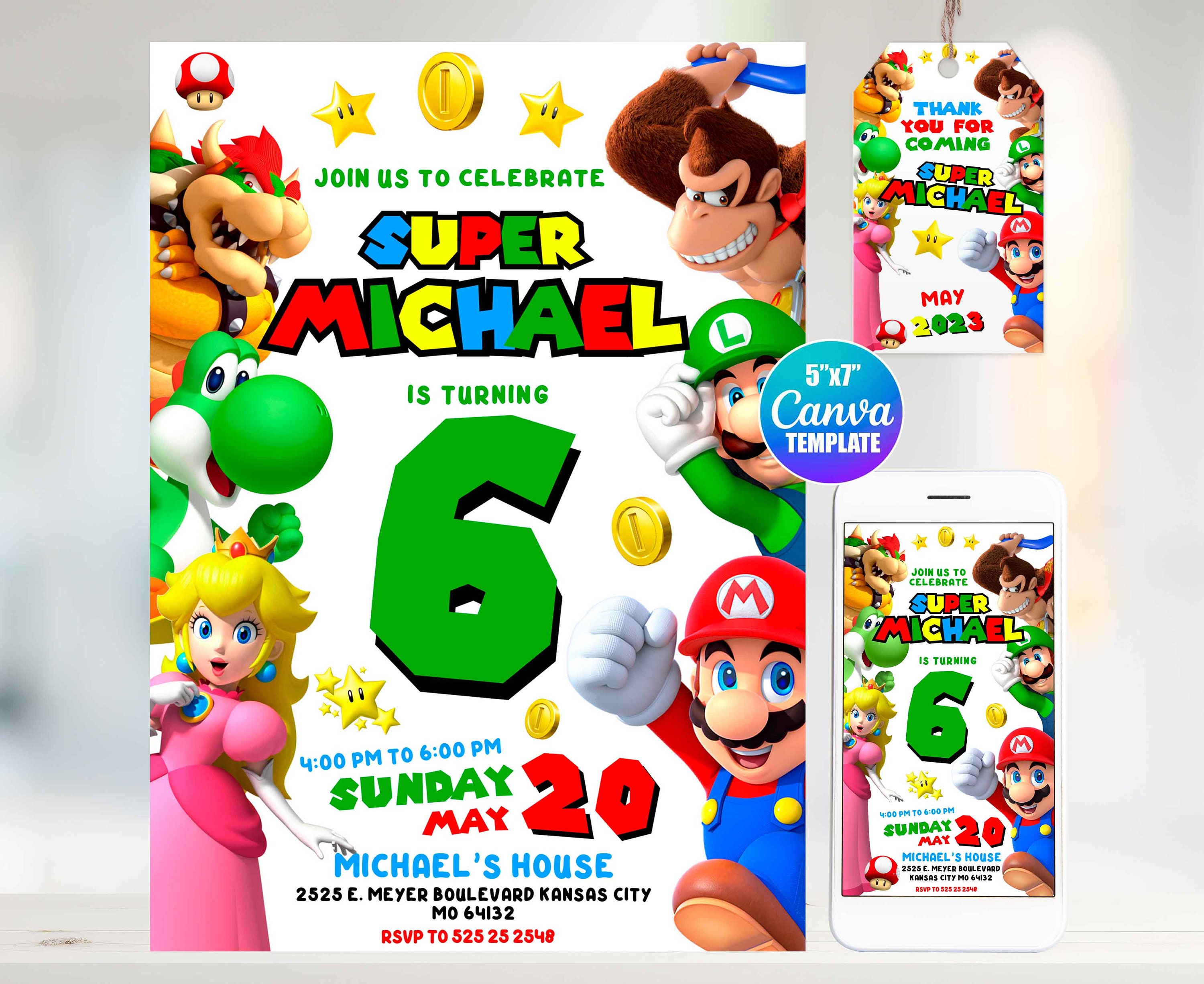 Super Mario Birthday Invitation, Canva Template, Mobile Size, Label Tag ...