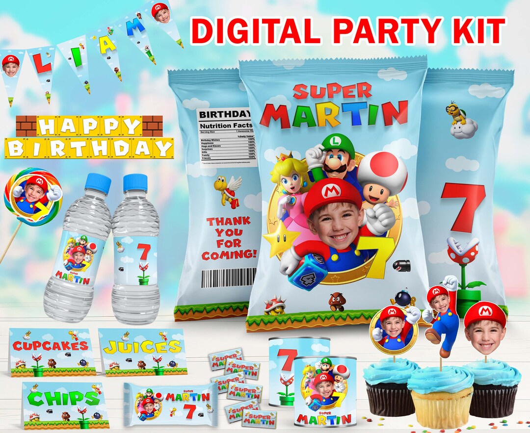 Super Mario Party Pack, Chips Bag, Water Label, Pringles, Cupcake ...