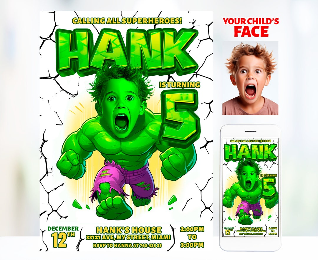 Hulk Birthday Photo Invitation, Custom Photo Hulk, Cartoon Face Hulk - Etsy