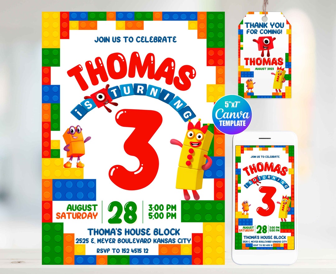Numberblocks Birthday Invitation, Canva Template, Mobile Size, Label ...