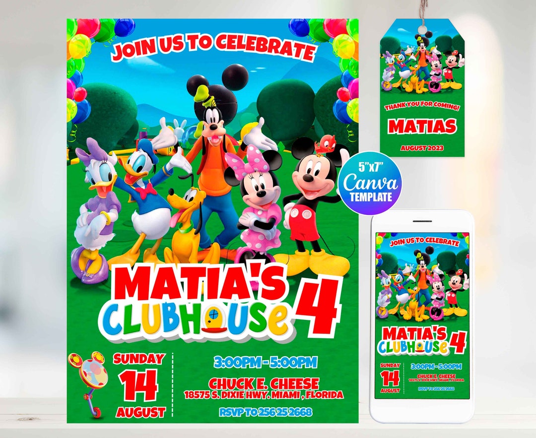 Mickey Mouse Birthday Invitation, Canva Template, Mobile Size, Label ...