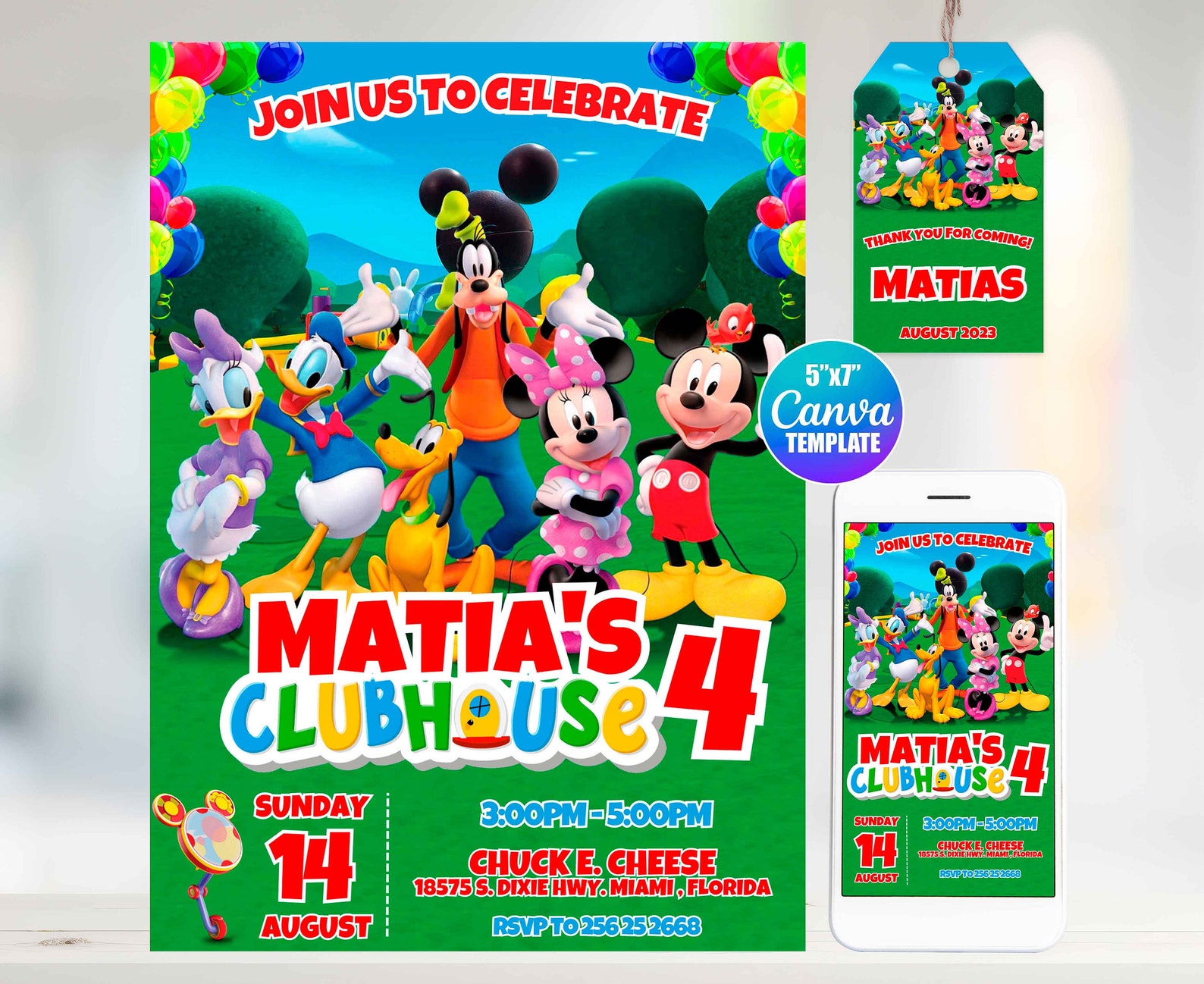 Mickey Mouse Birthday Invitation, Canva Template, Mobile Size, Label ...