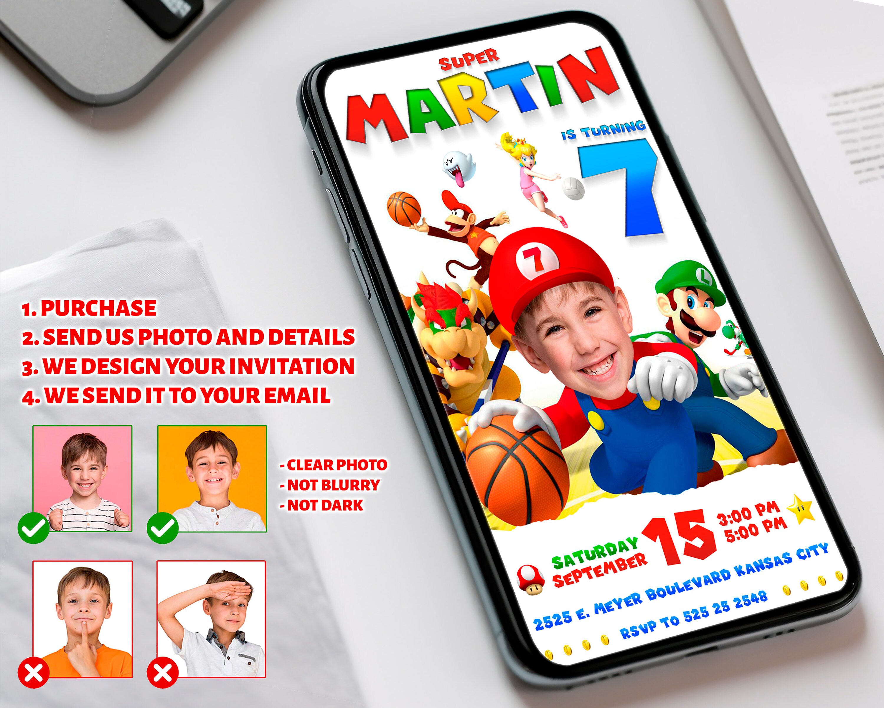 Super Mario Basket Birthday Photo Invitation, Custom Photo - Etsy