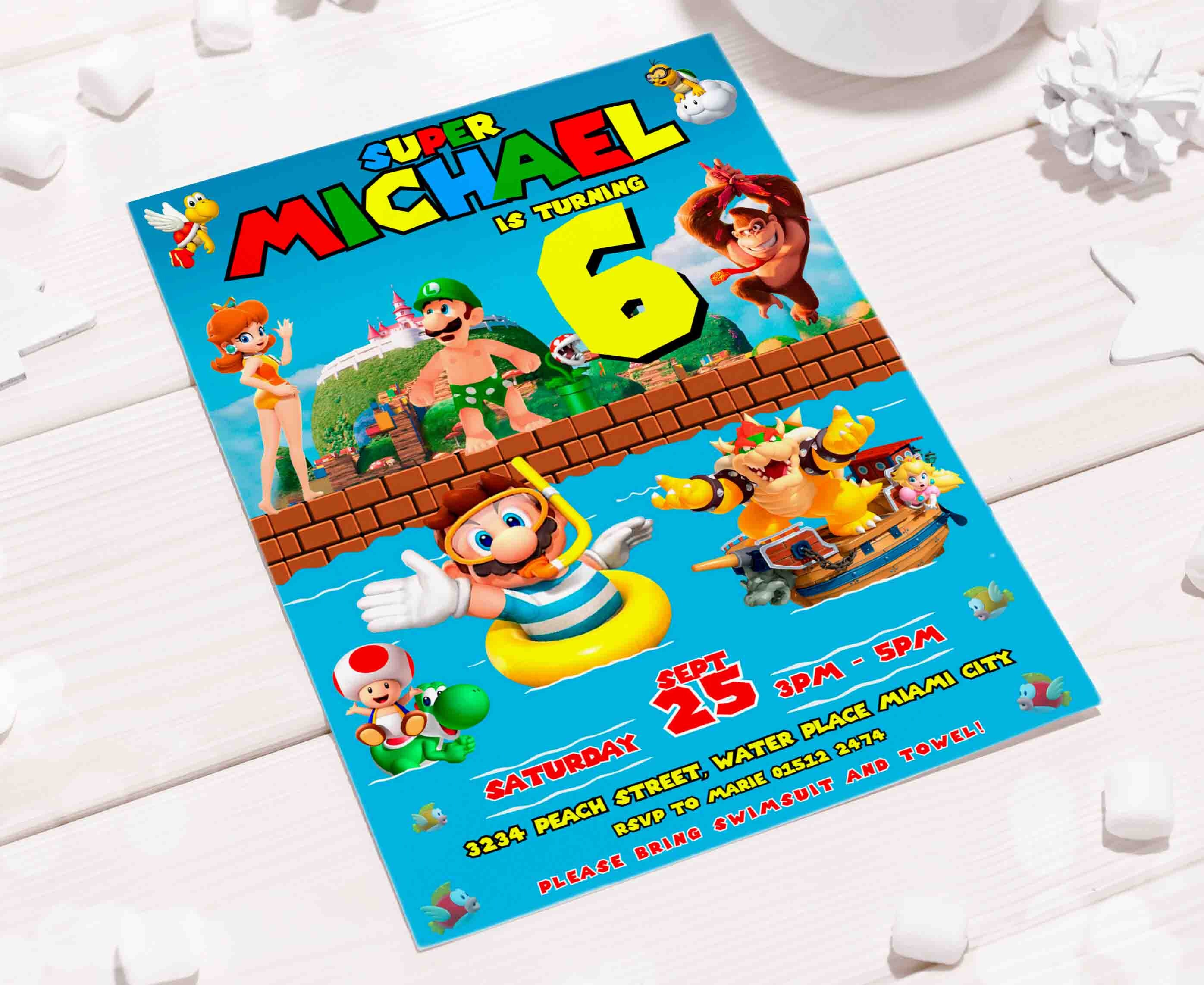 Invitación de cumpleaños de Super Mario Pool Party plantilla - Etsy México