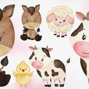 Watercolor Pink Cute Farm Clipart, Farm Animals Watercolor Digital ...