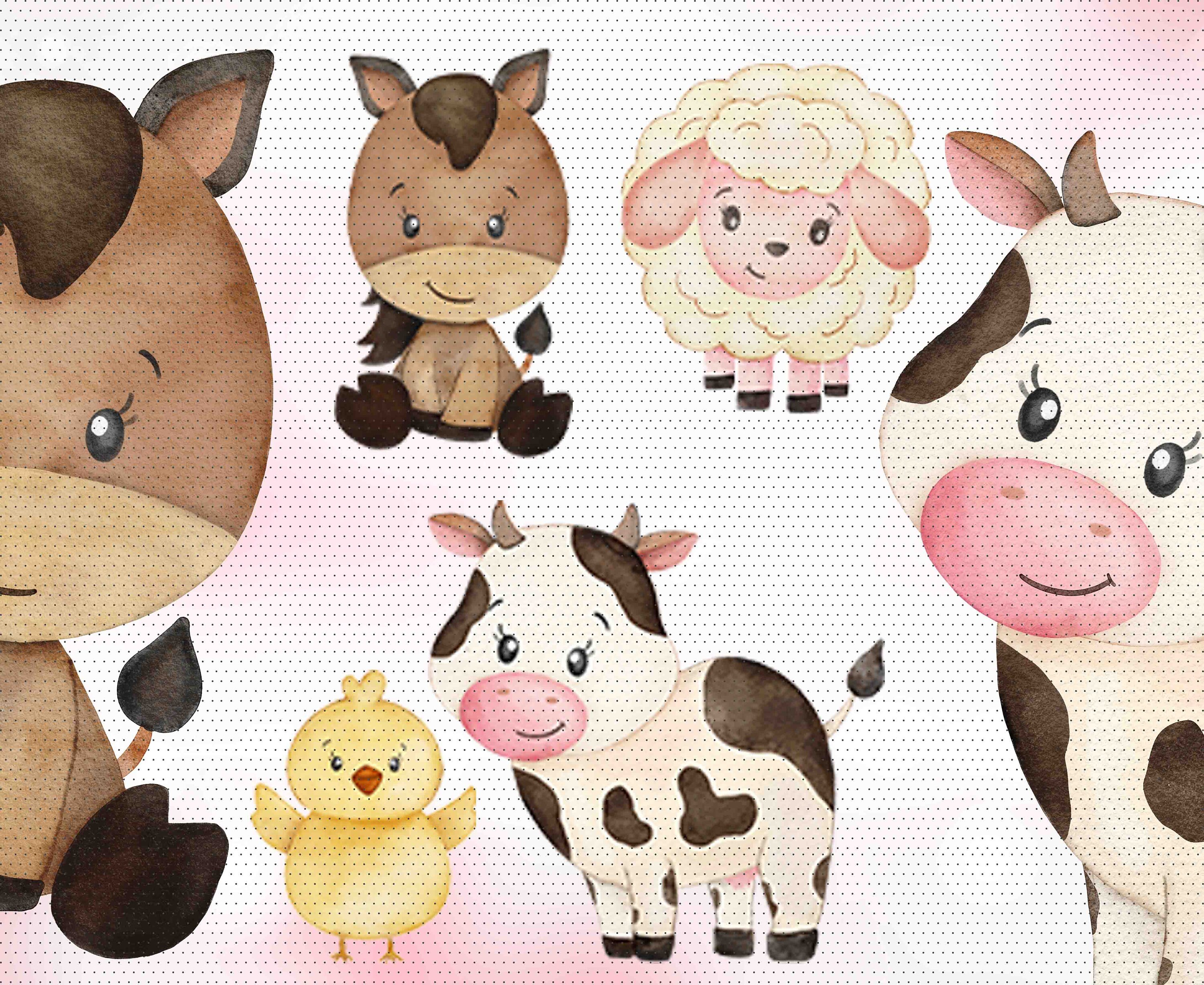Watercolor Pink Cute Farm Clipart, Farm Animals Watercolor Digital ...