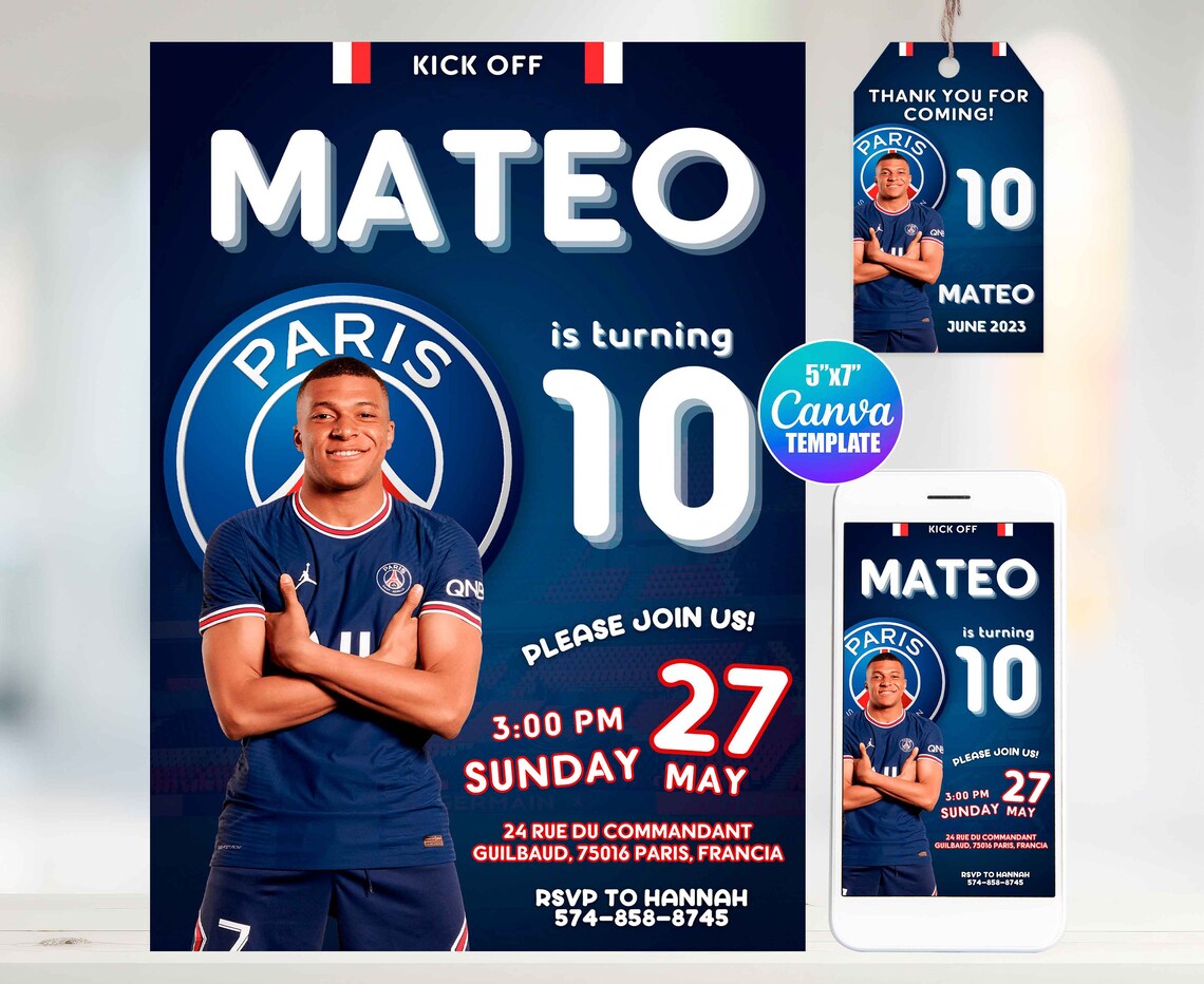 PSG Mbappe Birthday Invitation Canva Template Mobile Size - Etsy