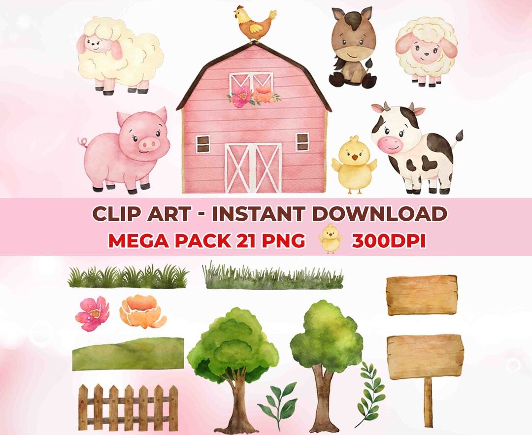 Watercolor Pink Cute Farm Clipart, Farm Animals Watercolor Digital ...