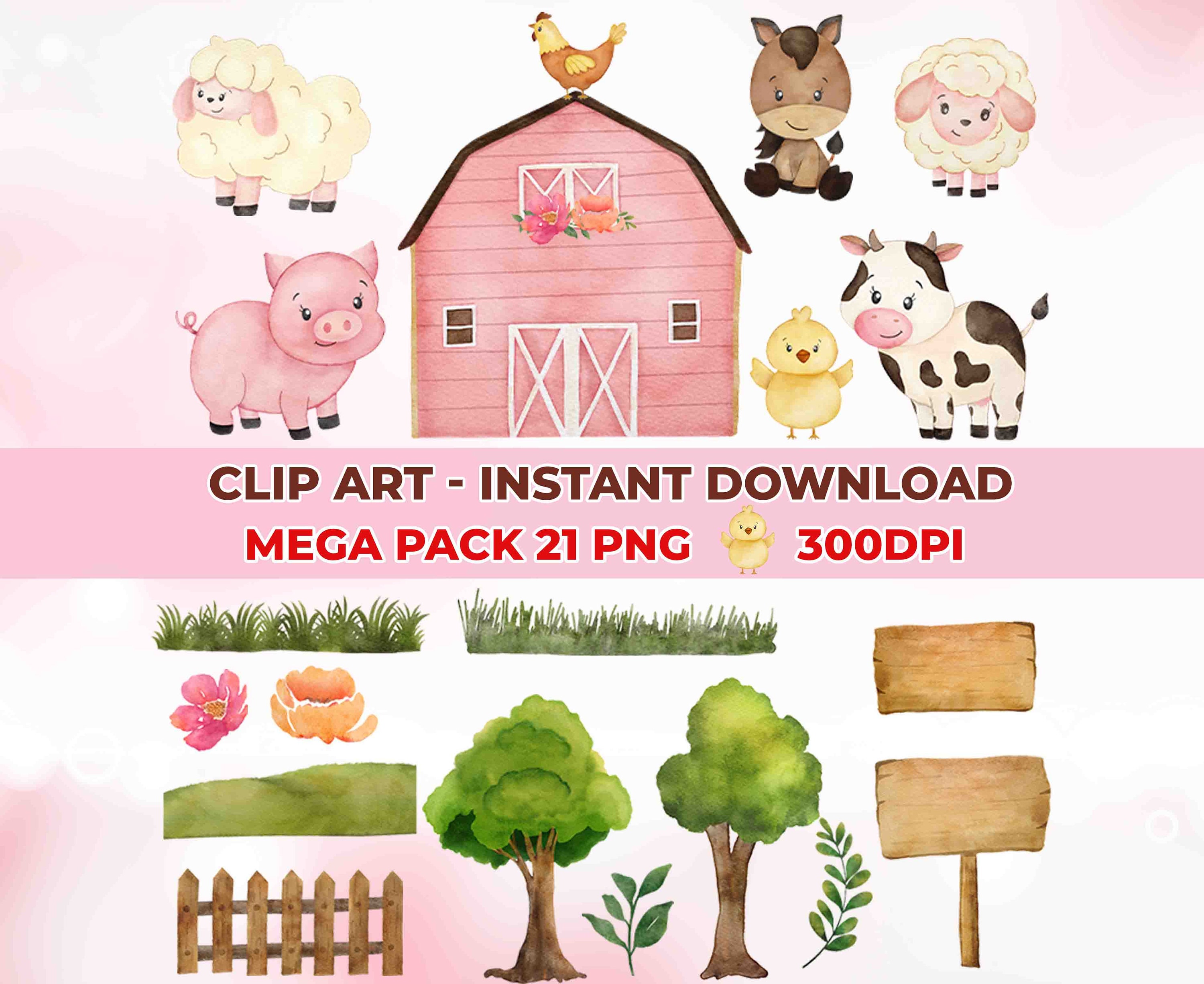 Watercolor Pink Cute Farm Clipart Farm Animals Watercolor - Etsy Australia