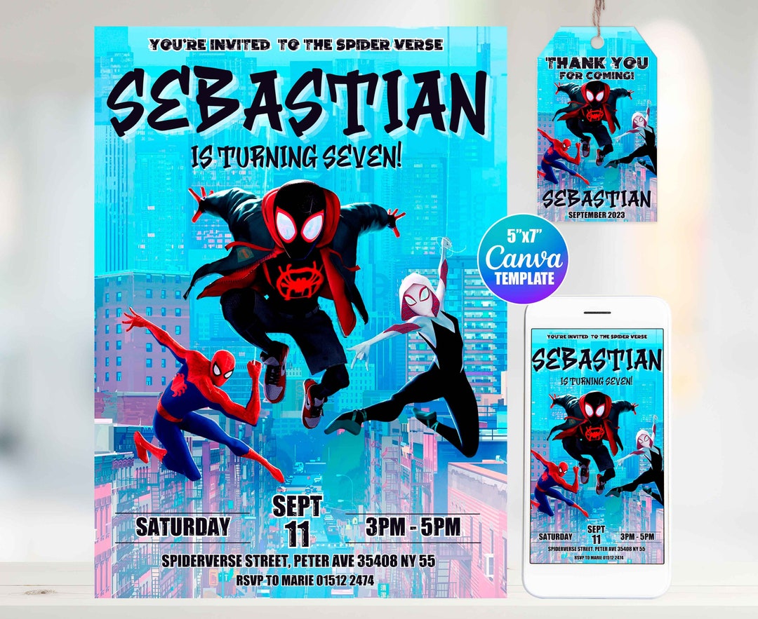 Spider Verse Birthday Invitation, Canva Template, Mobile Size, Label ...