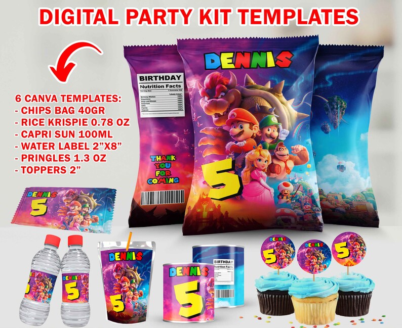 Super Mario Birthday Party Kit: Chips Bag, Water Label, Toppers (canva ...