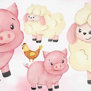 Watercolor Pink Cute Farm Clipart, Farm Animals Watercolor Digital ...