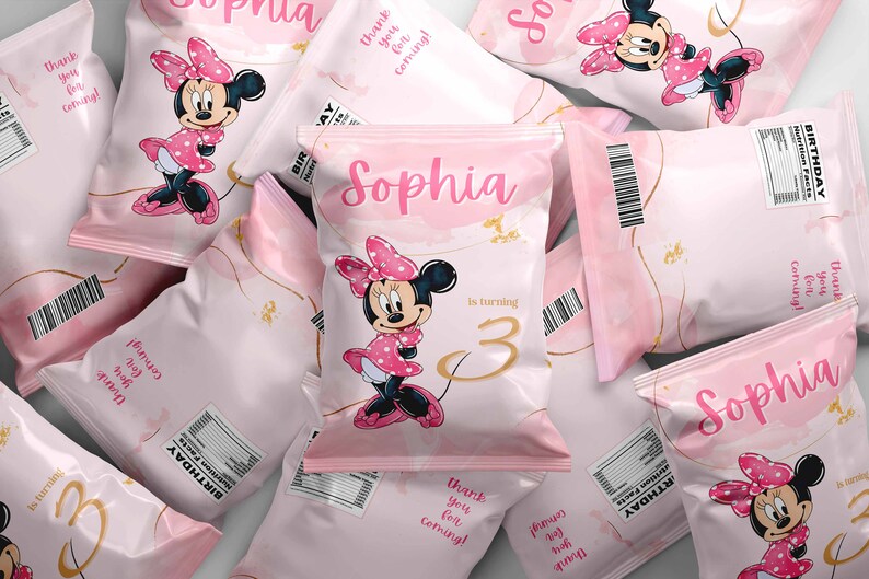 Watercolor Minnie Mouse Party Kit: Chips Bag, Water Label (digital ...