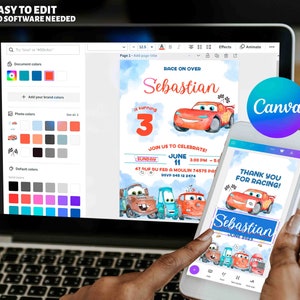 Editable Watercolor Cars Birthday Invitation, Canva Template, Mobile ...