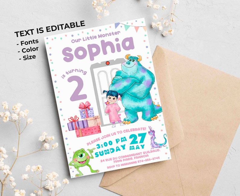 Editable Monsters Inc Boo Birthday Invitation, Canva Template, Mobile ...