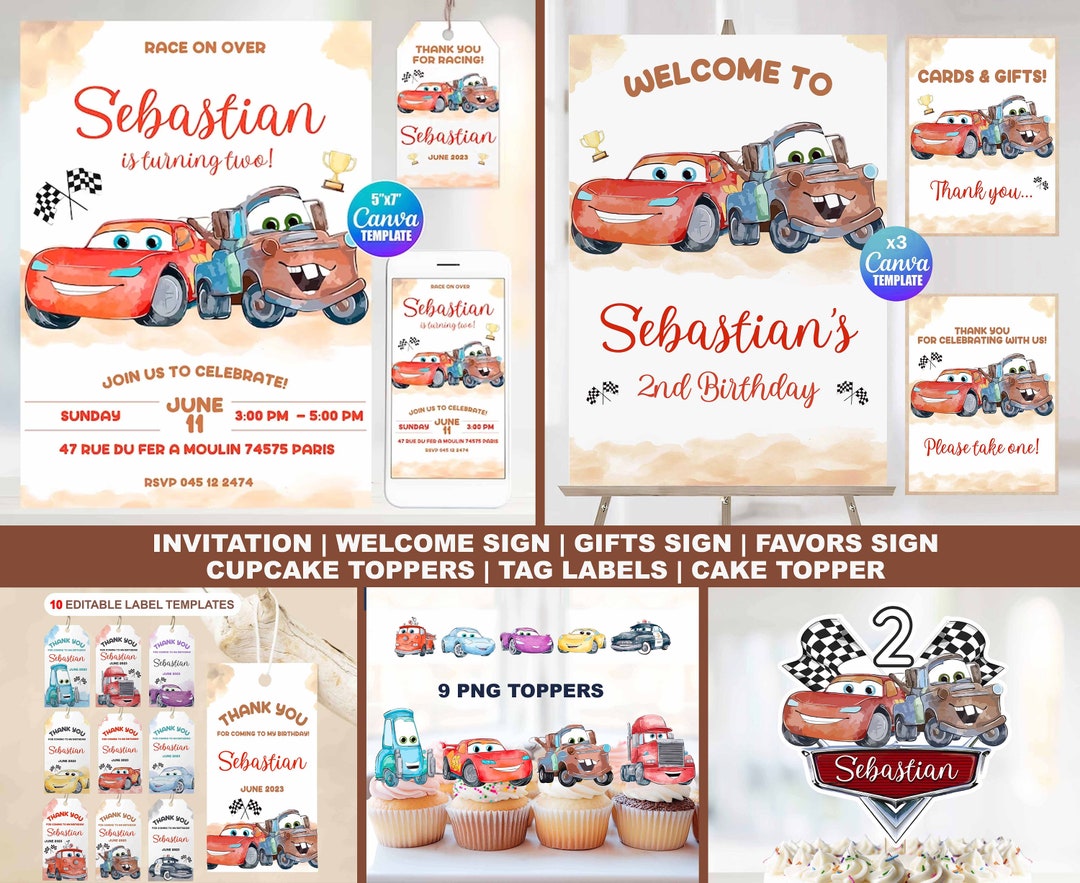 Watercolor Cars Birthday Party Pack "invitation, Cake Topper, Welcome ...