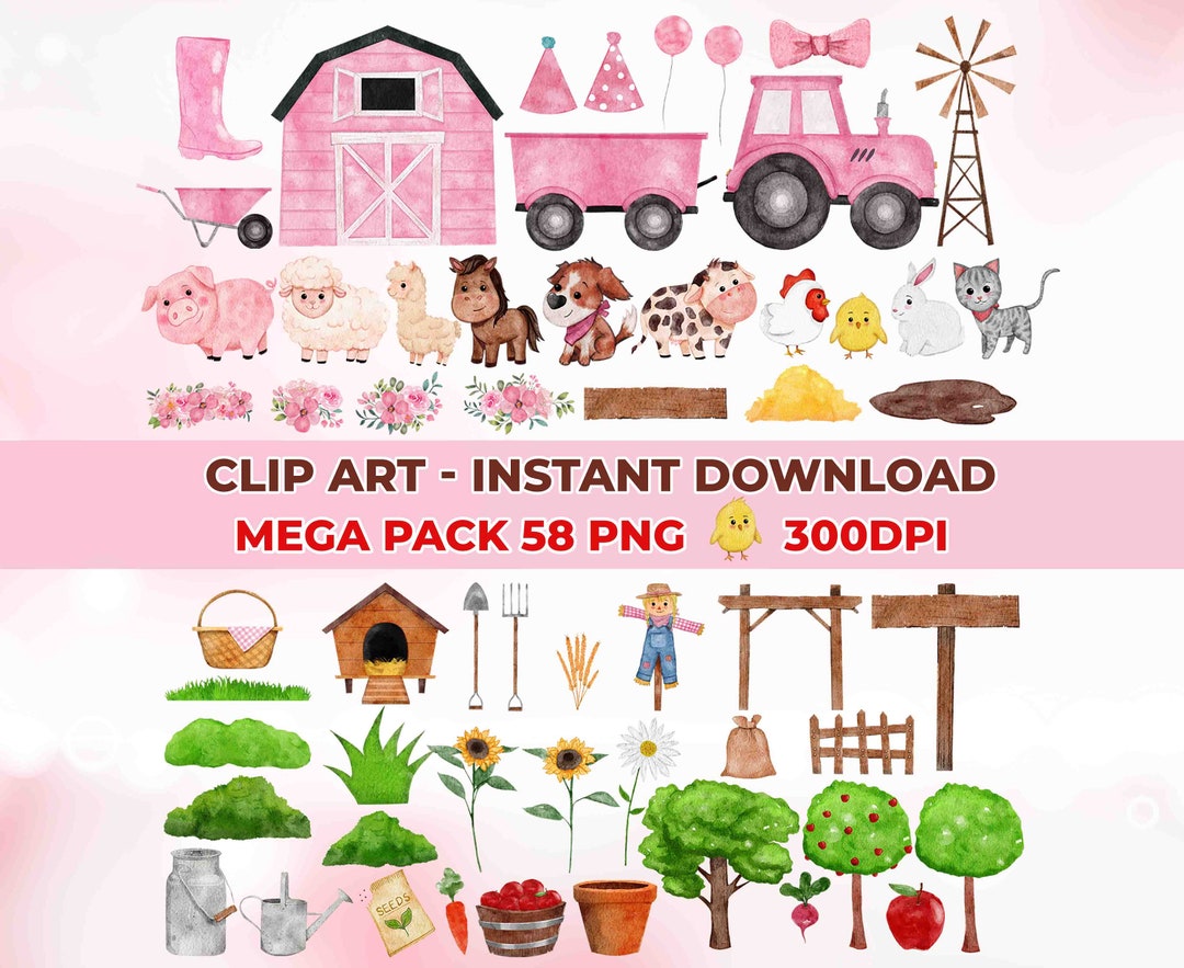 Watercolor Pink Cute Farm Clipart, Farm Animals Watercolor Digital ...