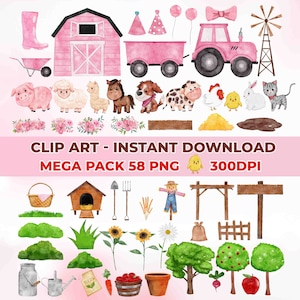 Watercolor Pink Farm Animals Clipart, 58 PNG Set (digital Download) - Etsy