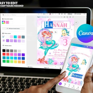 Editable the Little Mermaid Birthday Invitation, Canva Template, Mobile ...
