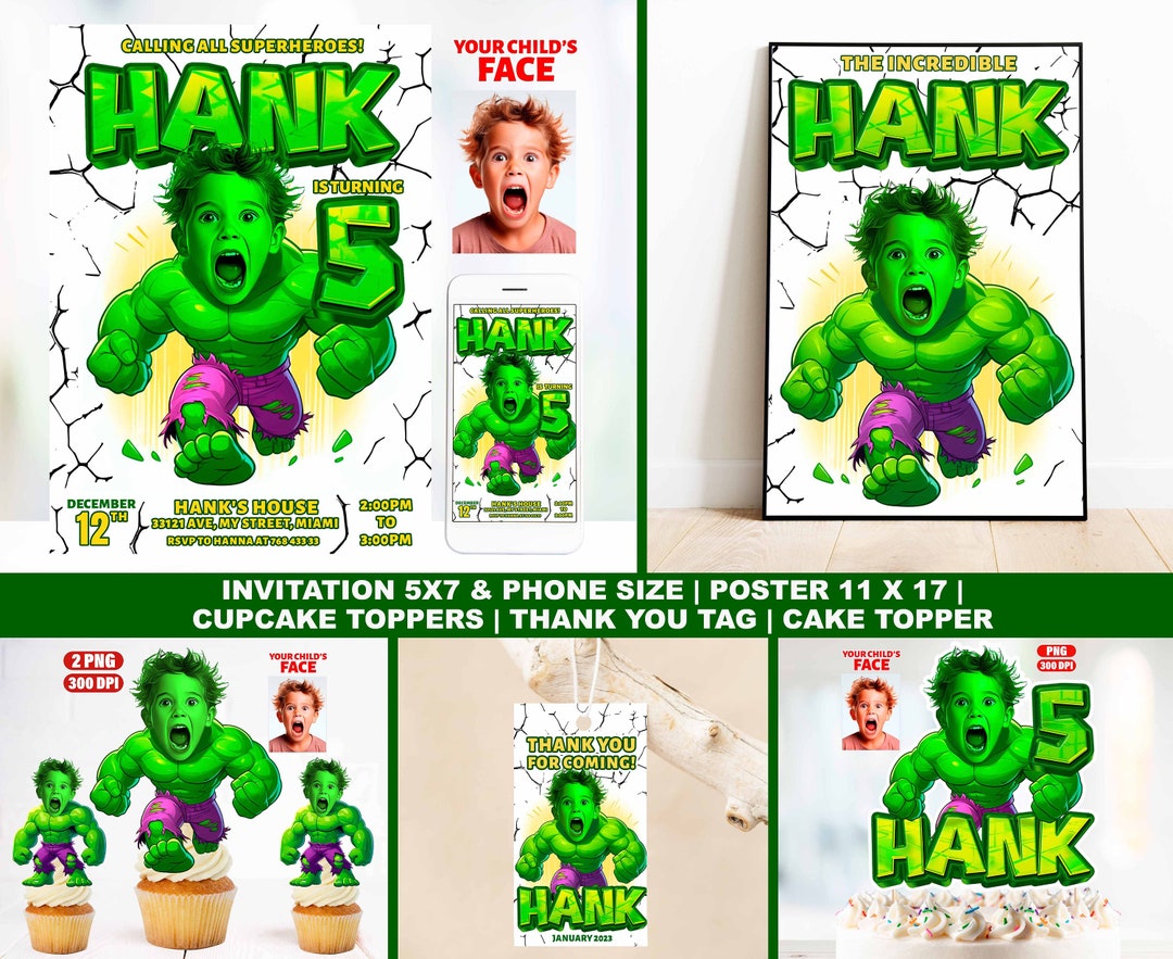 Hulk Birthday Photo Invitation, Custom Photo Hulk, Cartoon Face Hulk ...