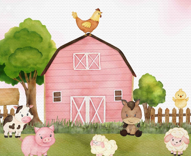 Watercolor Pink Cute Farm Clipart, Farm Animals Watercolor Digital ...