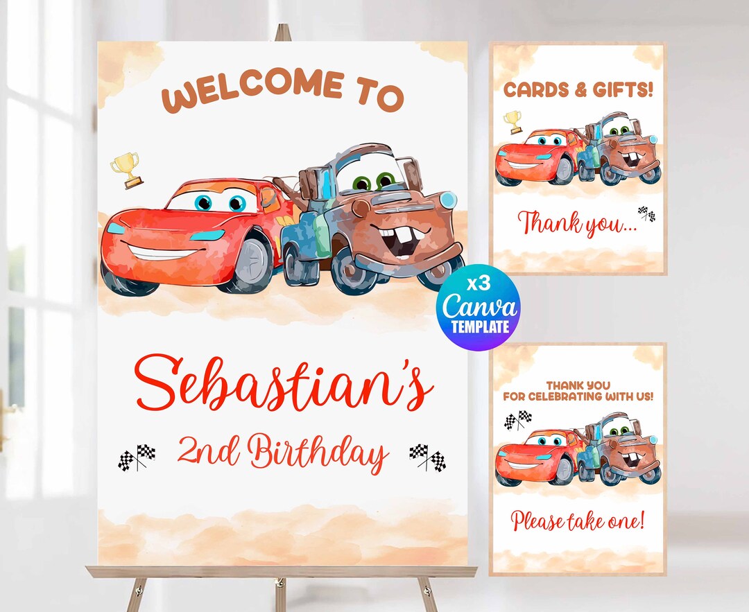 Watercolor Cars Welcome Sign, Favors & Gifts Sign, Canva Template Mater ...