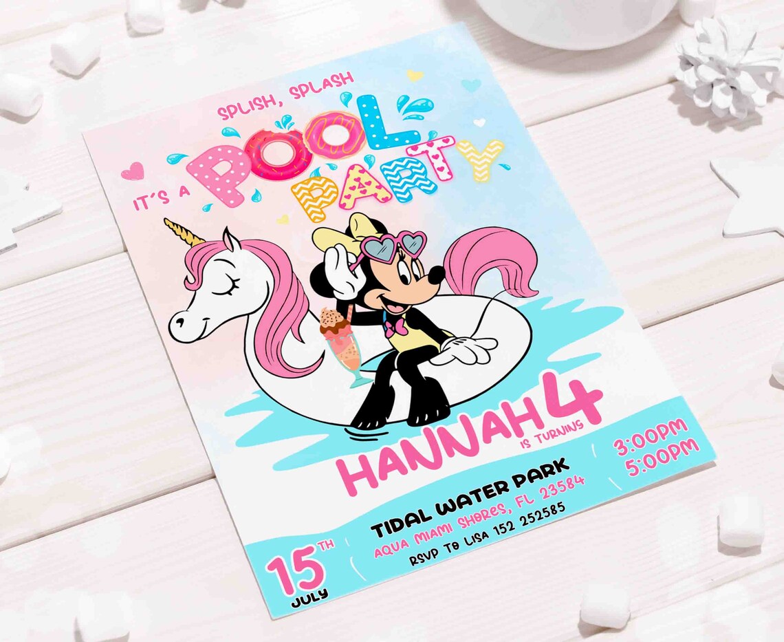 Minnie Mouse Pool Party Invitation: Editable Canva Template (digital ...