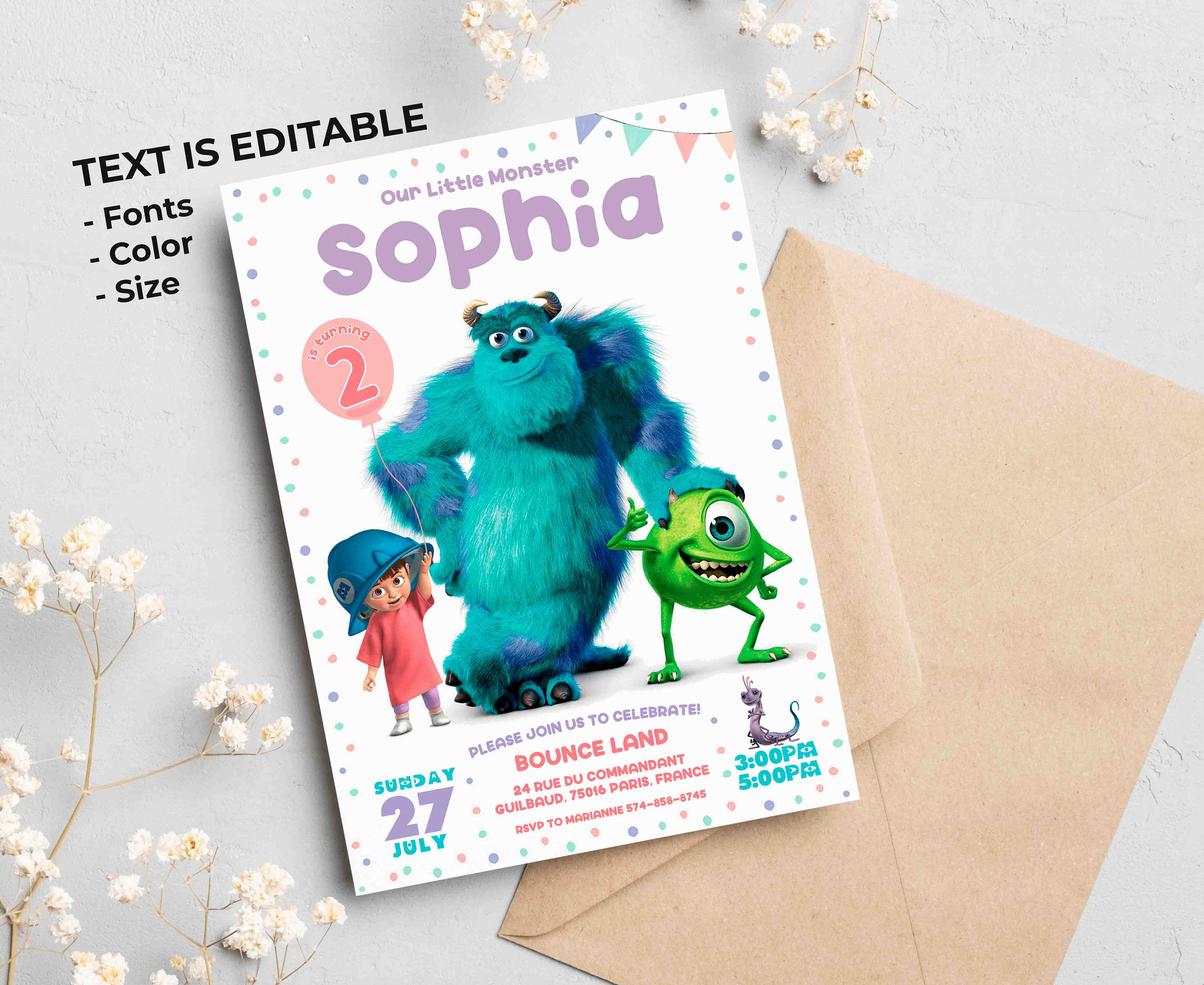 Editable Monsters Inc Boo Birthday Invitation, Canva Template, Mobile ...