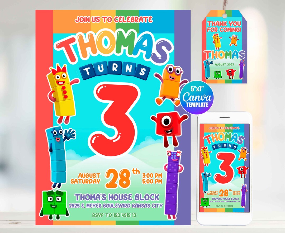 Numberblocks Birthday Invitation, Canva Template, Mobile Size, Label ...
