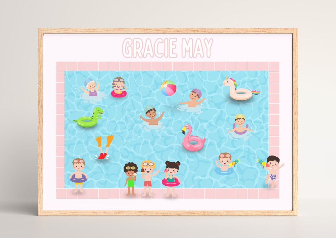 Pool Scene Personalised Kids Poster | Pool Party Print, Swimming Pool ...