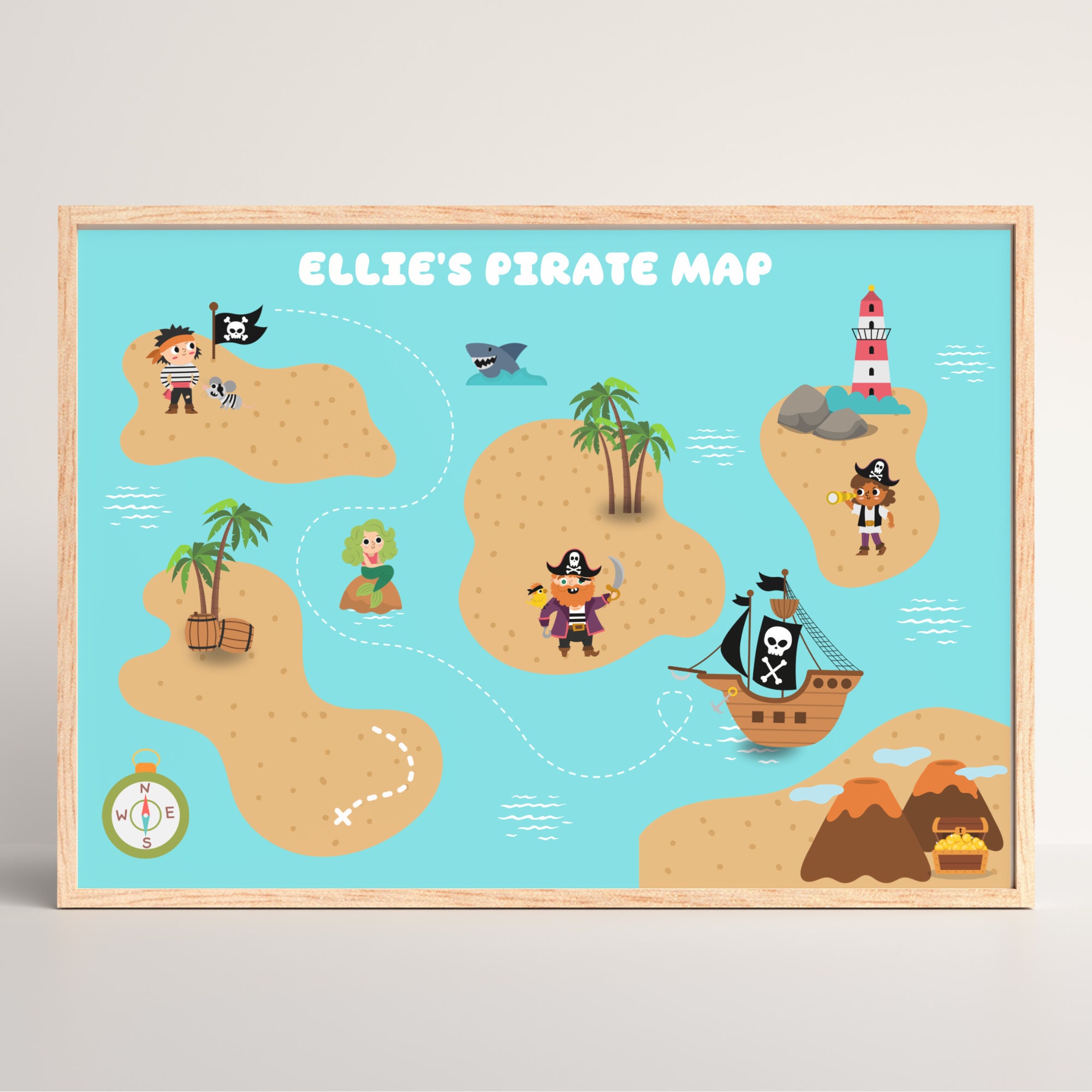 Treasure Island Pirate Map Kids Print Personalised Kids Wall Art ...