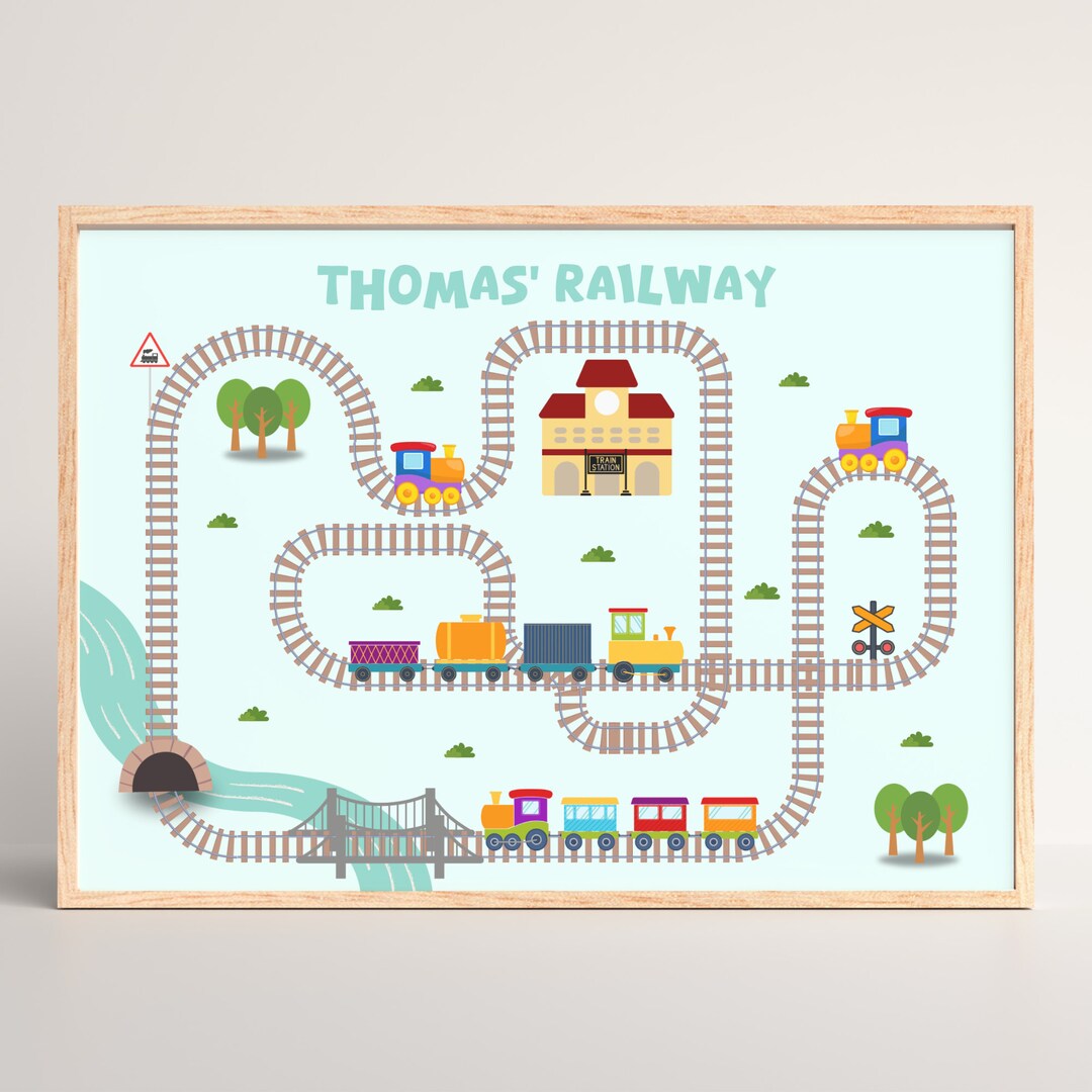Railway Train Track Kids Print | Personalised Railway Trains Wall Art ...