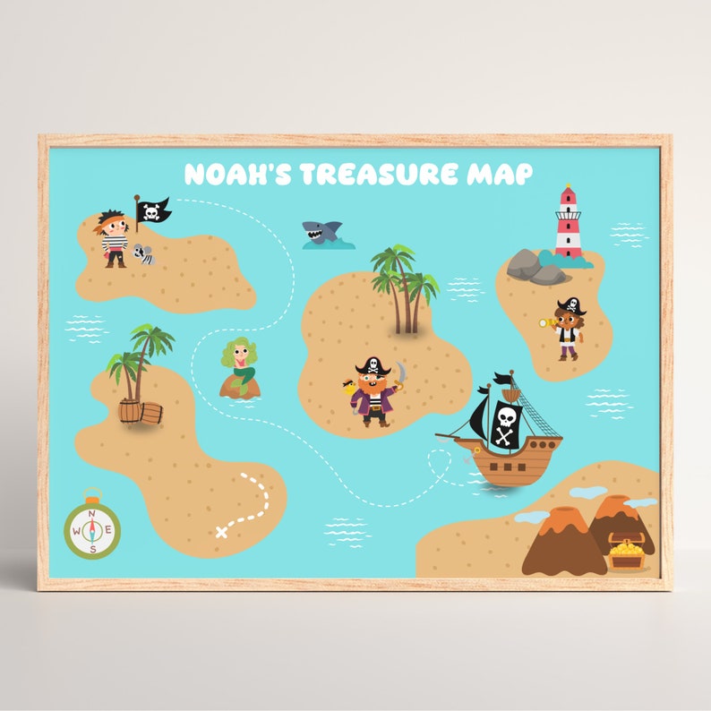 Treasure Island Pirate Map Kids Print | Personalised Kids Wall Art ...