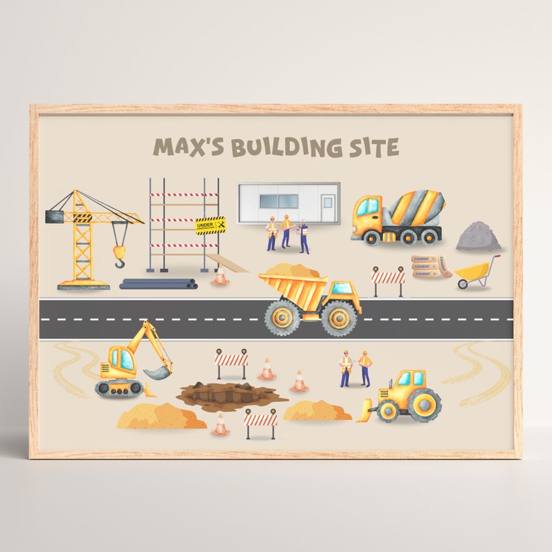 Construction Building Site Scene Kids Print Fun Personalised Prints ...