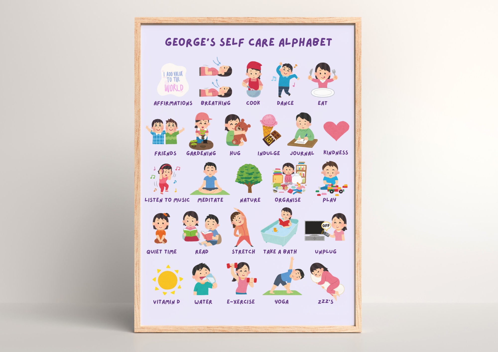 Self Care Alphabet Personalised Kids Poster Mindfulness ABC Classroom ...