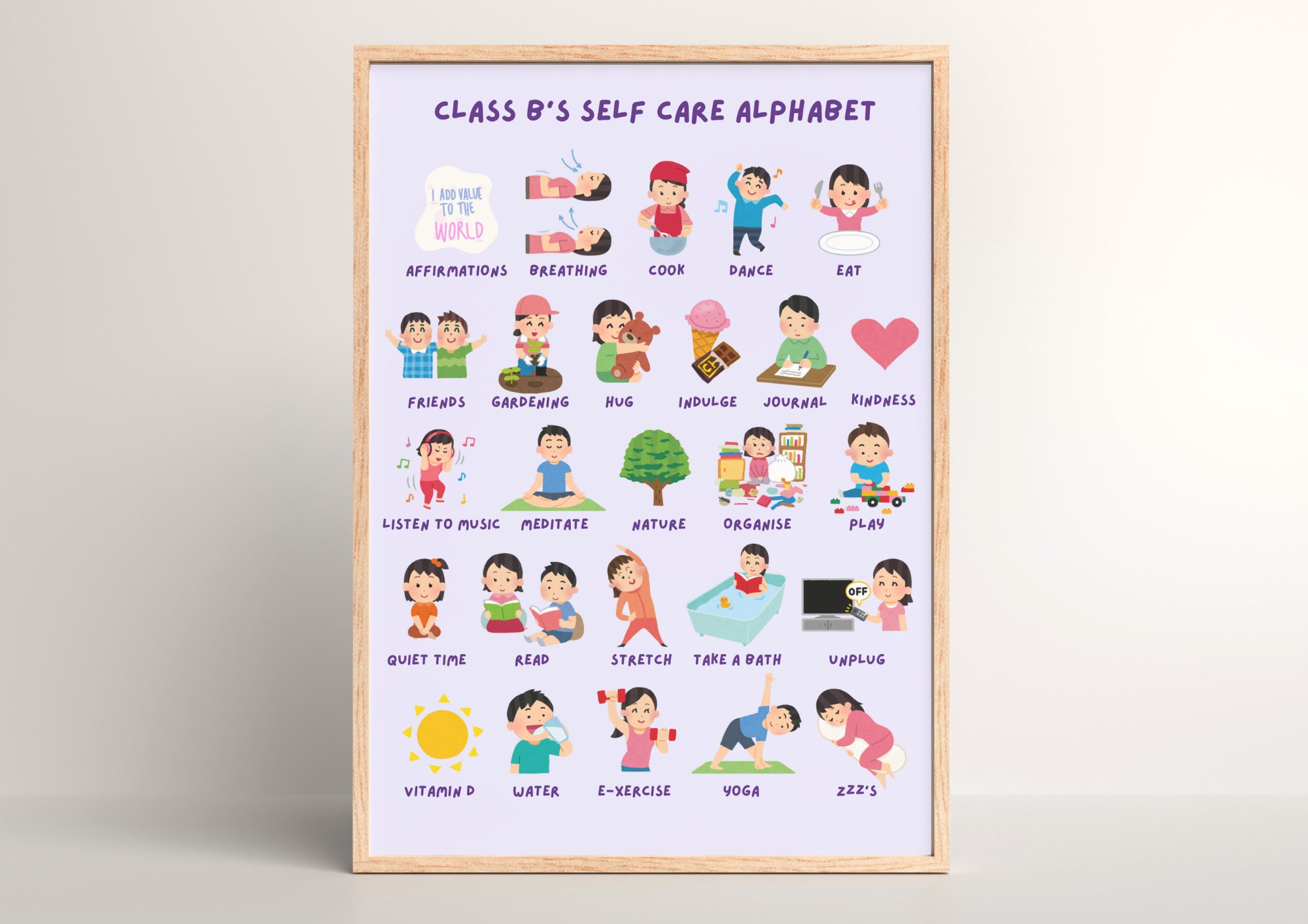Self Care Alphabet Personalised Kids Poster Mindfulness ABC Classroom ...
