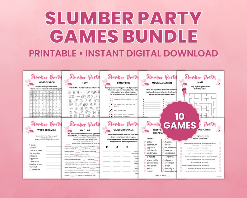 Slumber Party Game Bundle Printable Sleepover Activities Girl Pajama