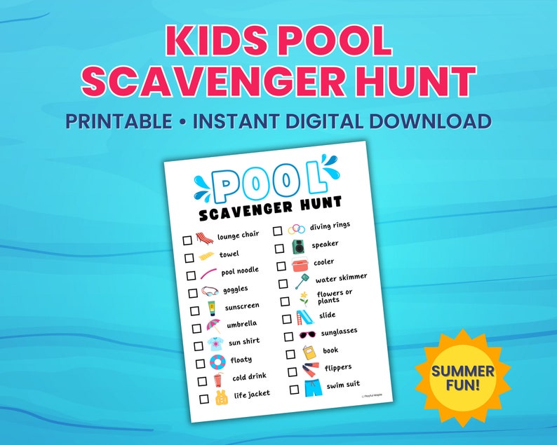 Pool Scavenger Hunt for Kids Printable Summer Activity Outdoor ...