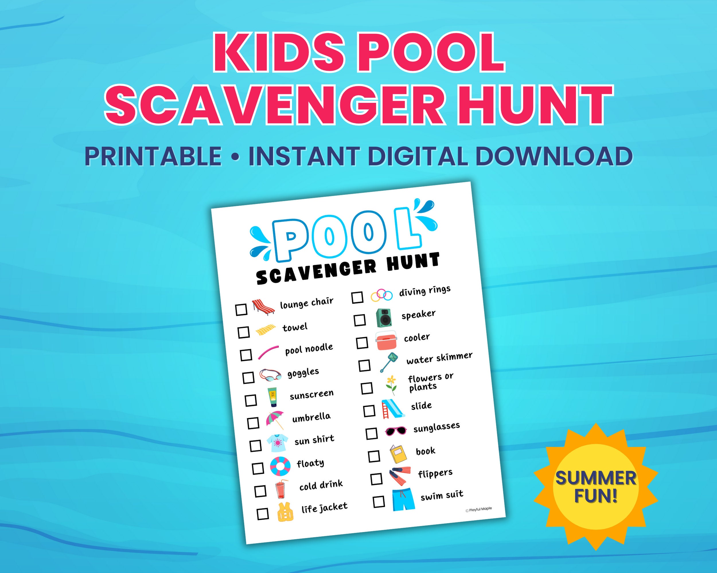 Pool Scavenger Hunt for Kids Printable Summer Activity Outdoor ...