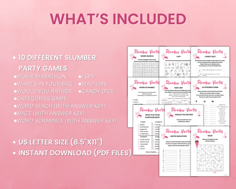 Slumber Party Game Bundle Printable Sleepover Activities Girl Pajama ...